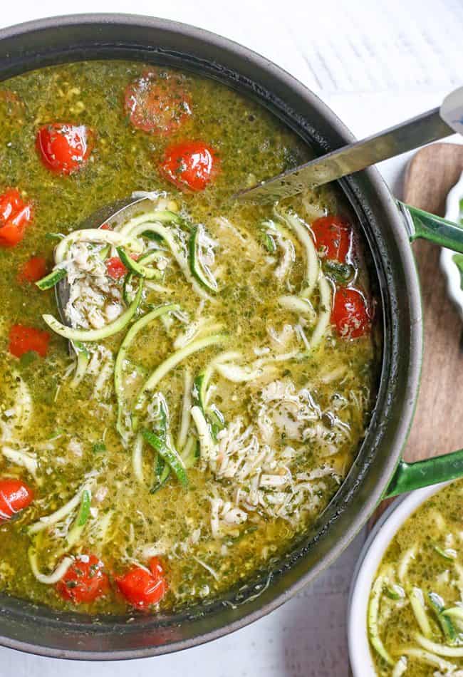 Paleo Whole30 Pesto Chicken Zoodle Soup - Real Food with Jessica